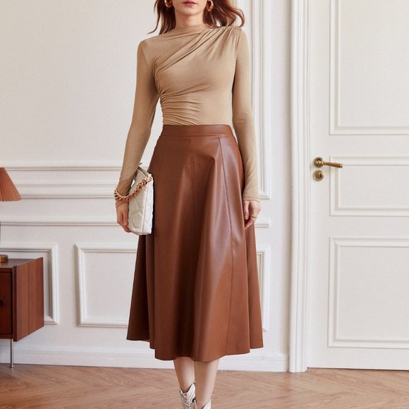 Skirts | Brand New High Waist Pu Leather Flare Skirt Rust Brown | Poshmark